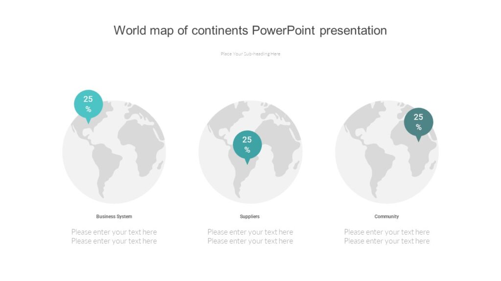World map of continents PowerPoint presentation : 100% Editable PPTx