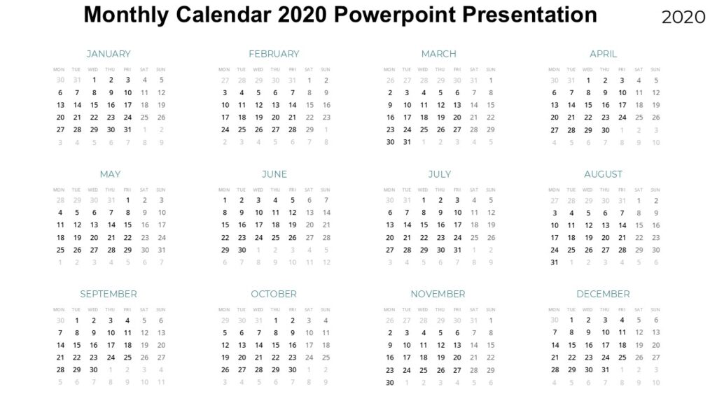 Monthly Calendar 2020 Powerpoint Presentation : 100% Editable PPTx