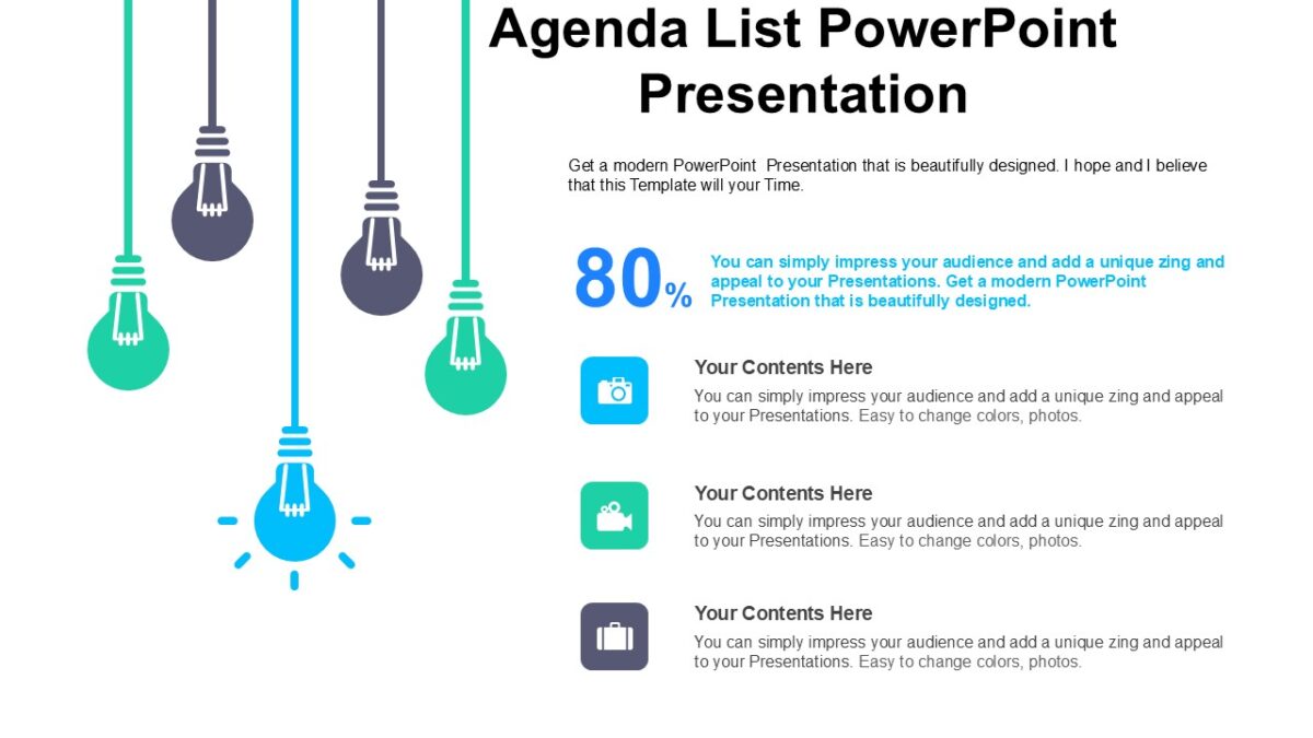 Agenda List PowerPoint Presentation : 100% Editable PPTx