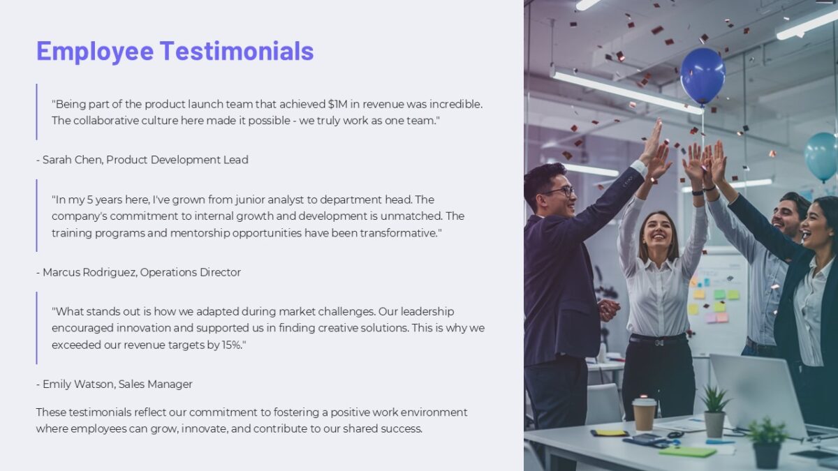 Employee Testimonials PowerPoint Presentation : 100% Editable PPTx